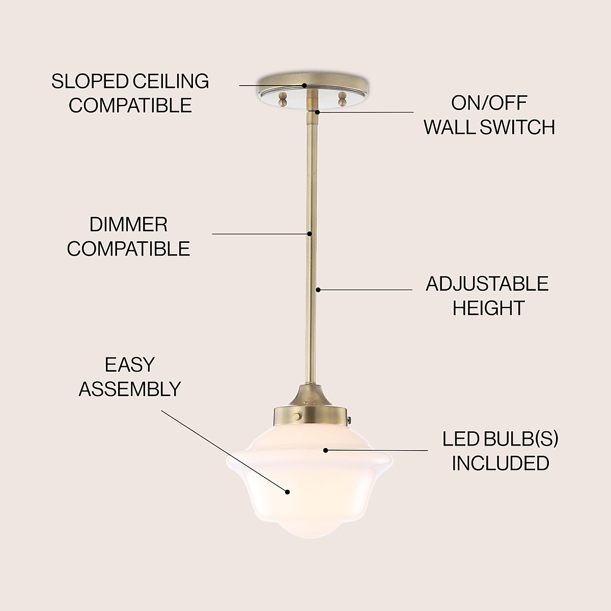 JONATHAN Y JYL3516A Kurtz 7.2" Adjustable Drop Metal/Glass LED Pendant Contemporary Transitional Dimmable Dining Room Living Room Kitchen Foyer Bedroom Hallway, Brass Gold/White