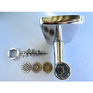 Meat Grinder attachments with feed tray, chute, and blade, Silver, 15x7