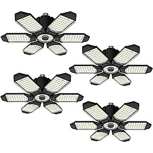 LIGHTNUM 4 Pack LED Garage Light, 45W LED Lights for Garage, 16000LM 6500K E26/E27 Deformable Garage Lights Ceiling LED with 6 Adjustable Panels Compatible for Workshop Storage Room Basement
