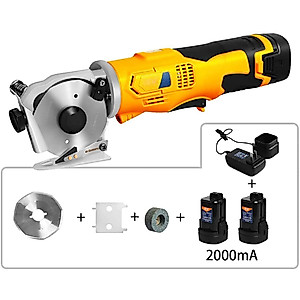 MXBAOHENG Electric Fabric Scissors Cordless Round Knife Cutting Machine Portable Rotary Cutter for Fabric Leather Carpet (2 Batteries)