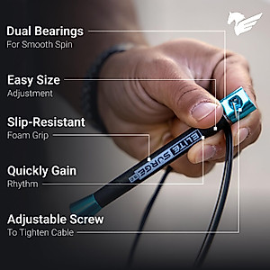 Elite Jumps Surge 3.0 Professional Speed Rope for Double Unders - Patented Dual Bearing Ultra Light-Weight Handle for Premium Spin Control and Kink-Resistant Cable for fast Speed Jump Rope