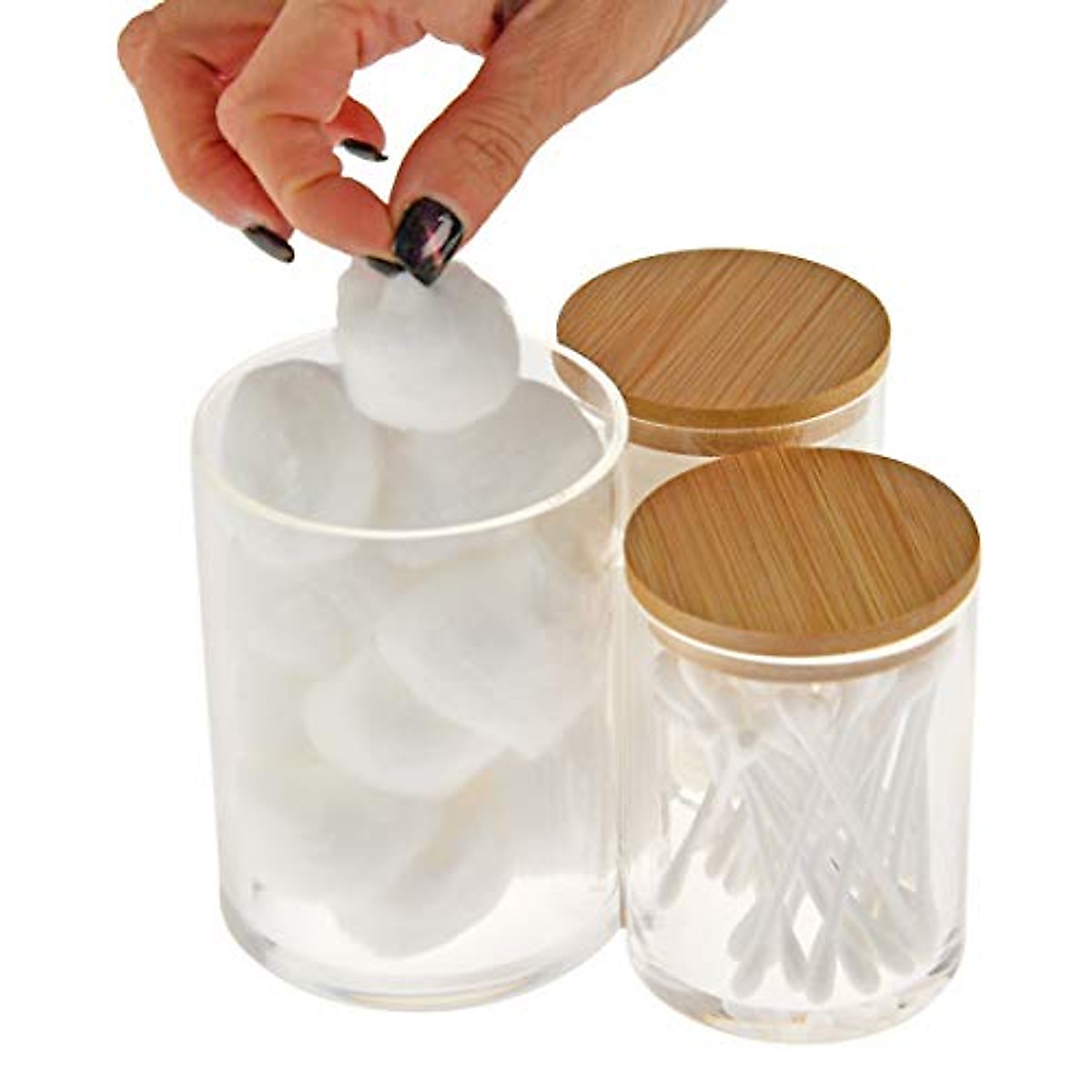 ARAD Cotton Ball, Swab, Q-tip Storage Set, 1-Piece, 3 Compartment, Clear Acrylic Jar Container with Bamboo Lid, Easy Organization on Bathroom Counters, Under-Sink Placement-6"D x 4.5" H