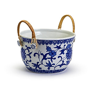 Two's Company Chinoiserie Blue and White Party Bucket with Bamboo Handles