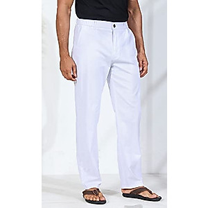 Soojun Men's Casual Linen Blend Relaxed Fit Straight Legs Elastic Waist Pants, White, 38W x 32L