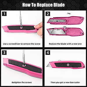 DIYSELF 2 Pack Box Cutter Retractable Heavy Duty Utility Knife, Ergonomic Razor Knife for Warehouse, Office, Exacto Knife Box Opener for Package, Cardboard (Pink)