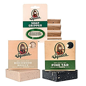Dr. Squatch Basic Squatch Forest Pack - Pine Tar and Birchwood Breeze - Handmade Bar Soap With Organic Oils, Soap Gripper and Saver
