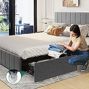 YITAHOME Upholstered Platform Bed Frame with 4 Storage Drawers and Adjustable Headboard, Mattress Foundation with Sturdy Wood Slat Support, No Box Spring Needed, Grey(Queen)