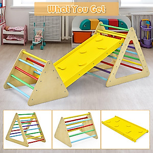 HONEY JOY 4 in 1 Triangle Climber with Ramp, Indoor Toddler Climbing Triangle Set with Ladder & Slide, 3-Piece Wooden Kids Climbing Toys for Playground, Gym & Daycare, Gift for Boys Girls