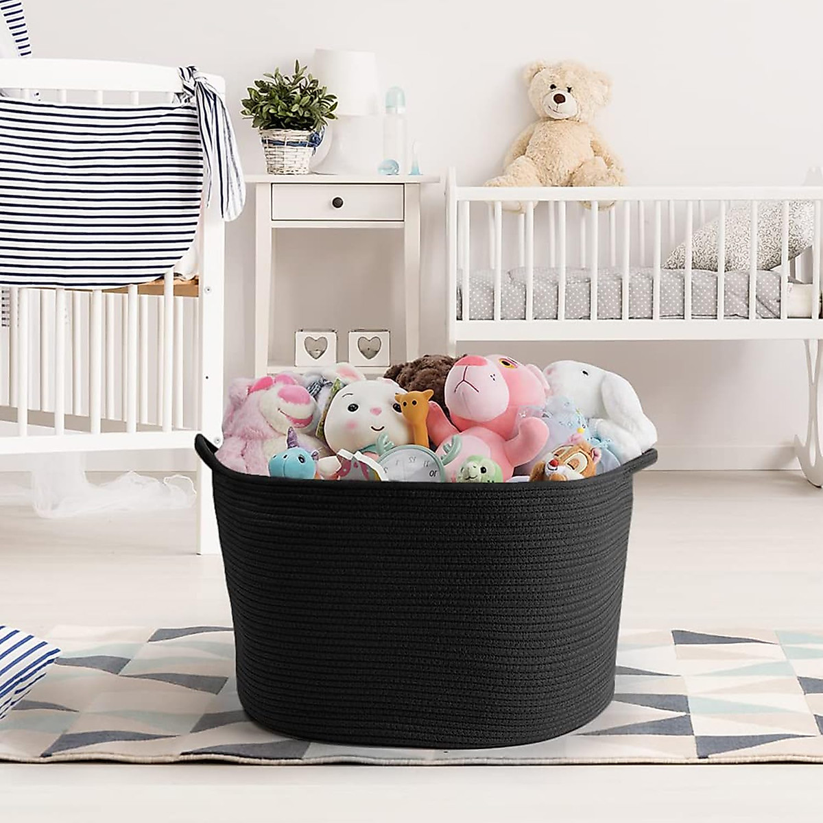 Blanket Basket Living Room, Cotton Rope Basket for Storage, Maliton Woven Extra Large Basket, 22" x 14" Nursery Laundry Basket with Handles, Toy Storage Basket Bin for Baby and Pet, Black