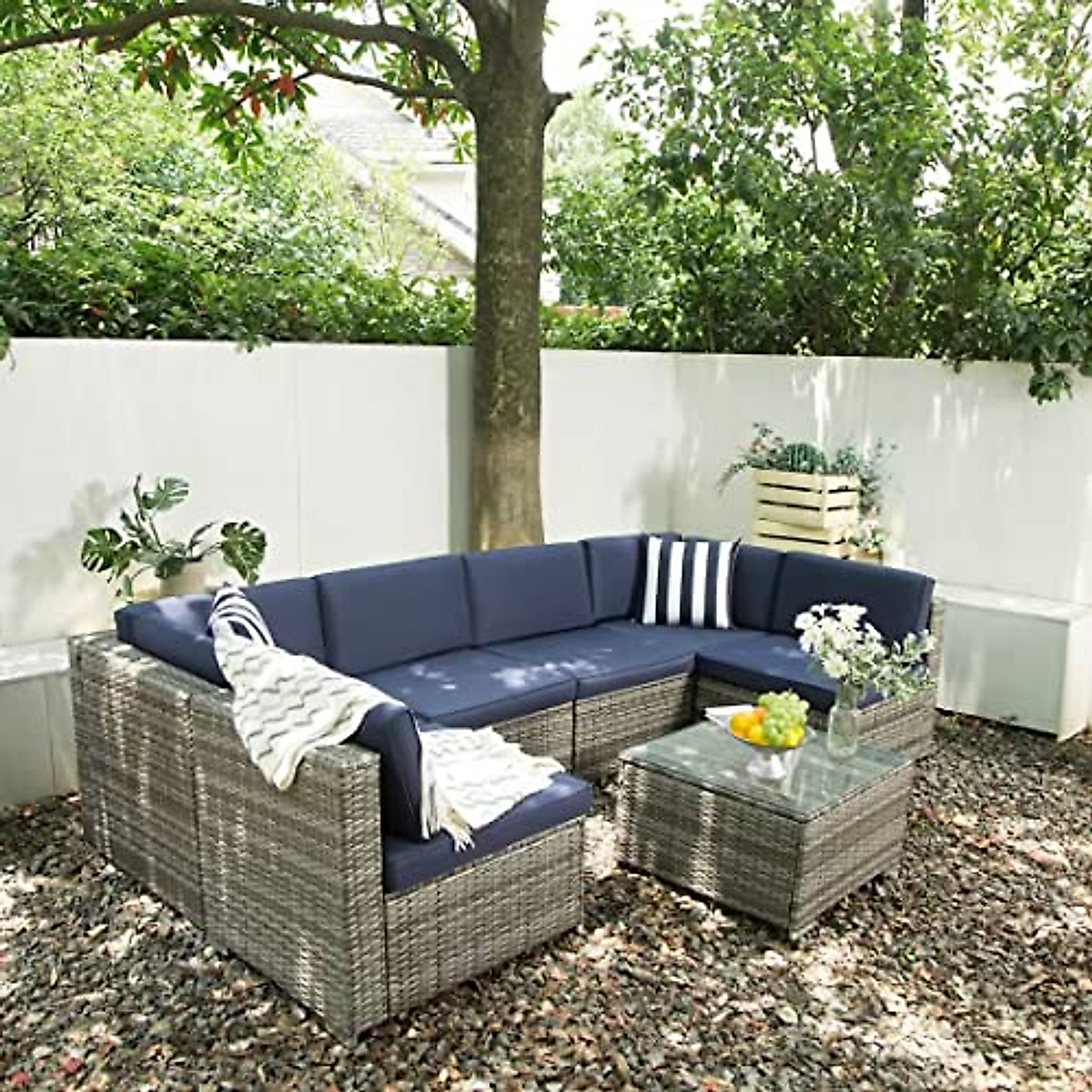 Devoko 7 Pieces Wicker Patio Furniture Set Rattan Outdoor Furniture Sectional Sofa Backyard Furniture Outdoor Couch with Updated Metal Feet (Blue)