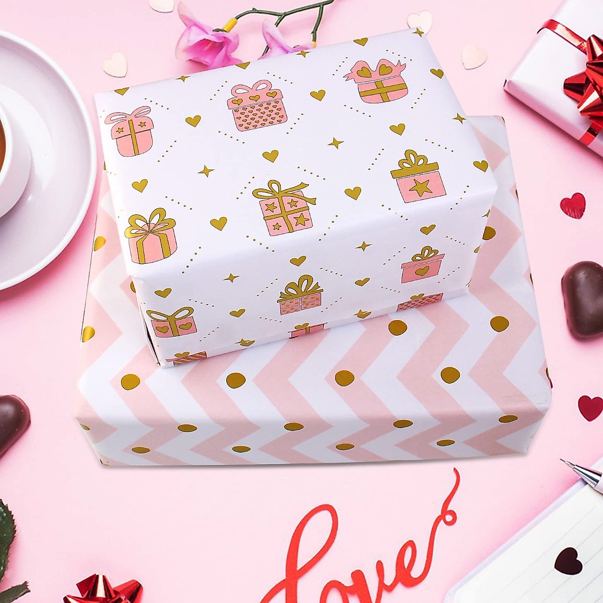 Wrapping Paper Pink Gold Birthday Gift Wrapping Paper for Girls Women-Soft Pink Gift Wrap Paper and Ribbon Sticker for Present - Pretty Light Pink Wrapping Paper Birthday Girl Wrapping Paper Birthday Wrapping Paper Girls Folded Sheets for Party,Wedding,Va