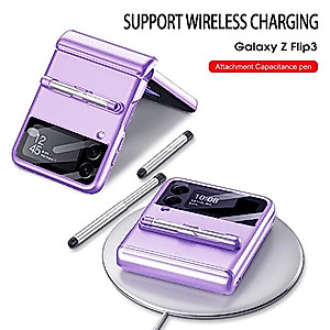 COCOING for Samsung Galaxy Z Flip 3 Case,with Stylus Fashion Business Phone case,with Hinge Protection Device and Camera Screen Protector,Case for Samsung Z Flip 3 5G（Purple）