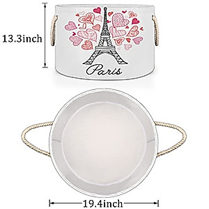Valentine's Day Heart Eiffel Tower Large Round Baskets for Storage Laundry Baskets with Handles Blanket Storage Basket for Bathroom Shelves Bins for Organizing Nursery Hamper Girl Boy