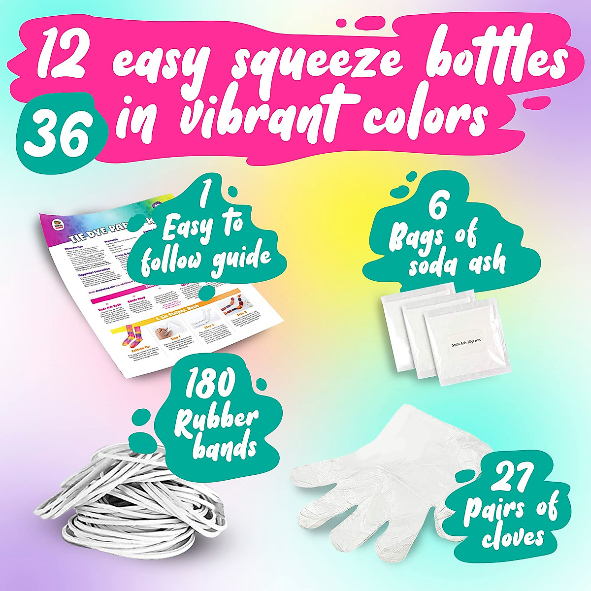 Tie Dye Kit for Kids & Adults - 12 Large Tye Dye Bottles with Tie Dye Powder, Soda Ash, Gloves - Non-Toxic Tyedyedye Kit - Decorating Dye for Clothes