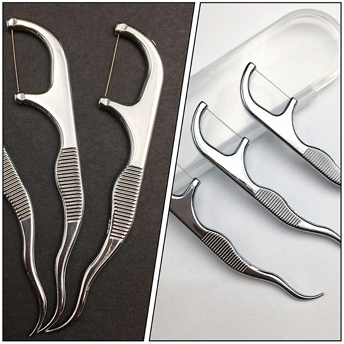 HEMOTON 6pcs Dental Floss Pick Portable Angled Flossers Stainless Steel Toothpicks Outdoor Teeth Cleaning Tools for Travel Teeth Care