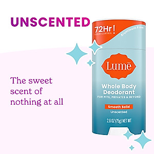 Lume Whole Body Deodorant - Smooth Solid Stick - 72 Hour Odor Control - Aluminum Free, Baking Soda Free and Skin Safe - 2.6 Ounce (Pack of 2) (Unscented)