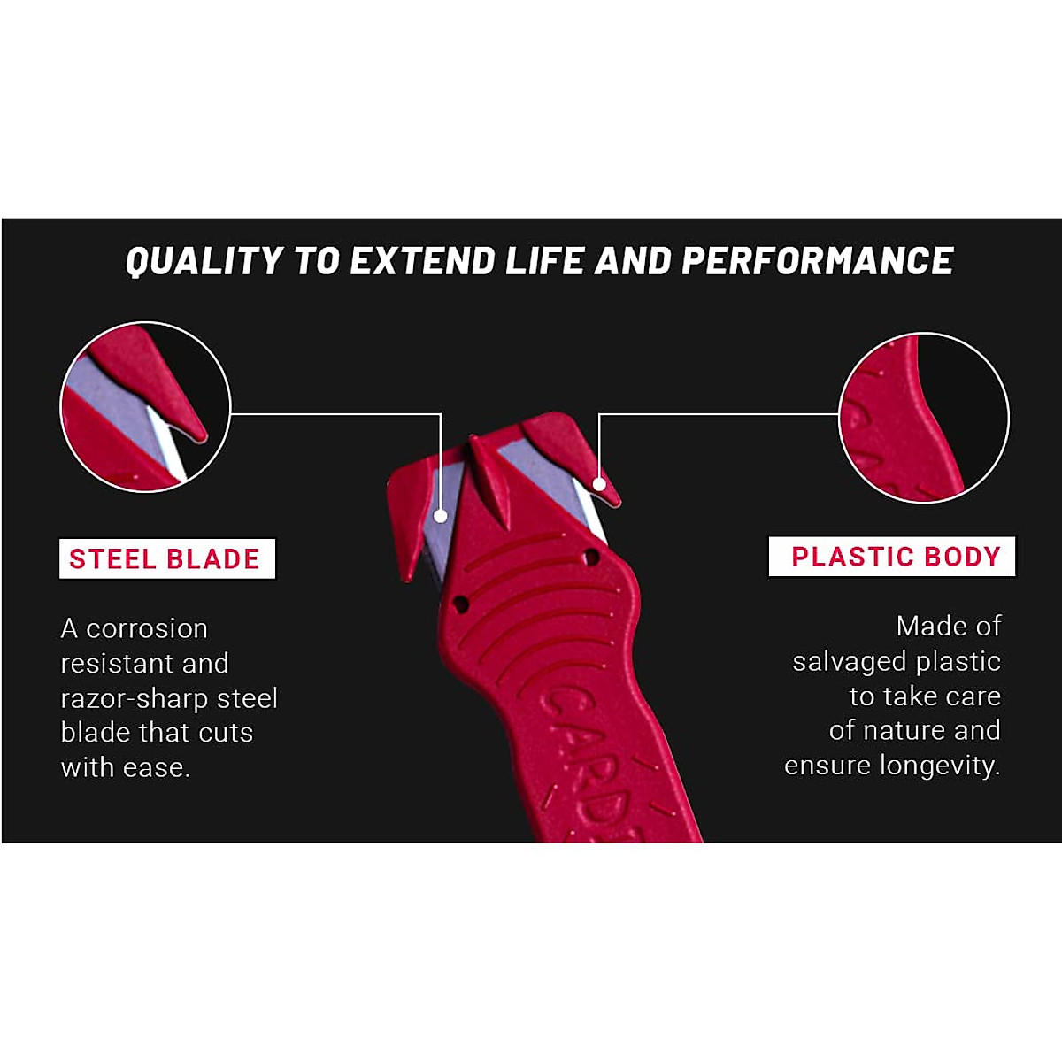 Cardinal Safety Box Cutter with Concealed Stainless Steel Blade, Package Opener Plastic Cutter for Box, Carton, Shrink Wrap, Plastic Straps (Red, Pack of 5)