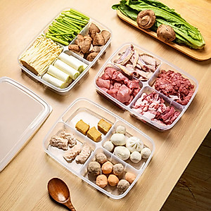 Angoily Veggie Bacon 2pcs Refrigerator Organizer Bins Divided Food Storage Containers with Lids Plastic Snack Container 4 Removable Boxes Stackable for Fridge S Bin Storage Organizer