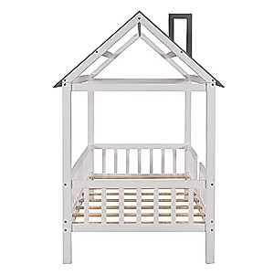 LostCat Twin Kids House Bed, Twin Size Bed House Wood Montessori House Bed Frame with Fence and Rails, House Bed Kids Montessori Beds Playhouse Tent Bed, Wood Platform Bed Frame, Grey