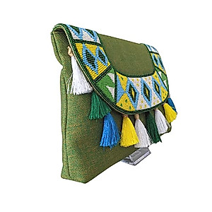 Women Boho Envelope Purse, Evening Bag, Shoulder Bag, Cross-body Bag With Handmade Beaded Pattern & Detachable Shoulder Chain (Green)