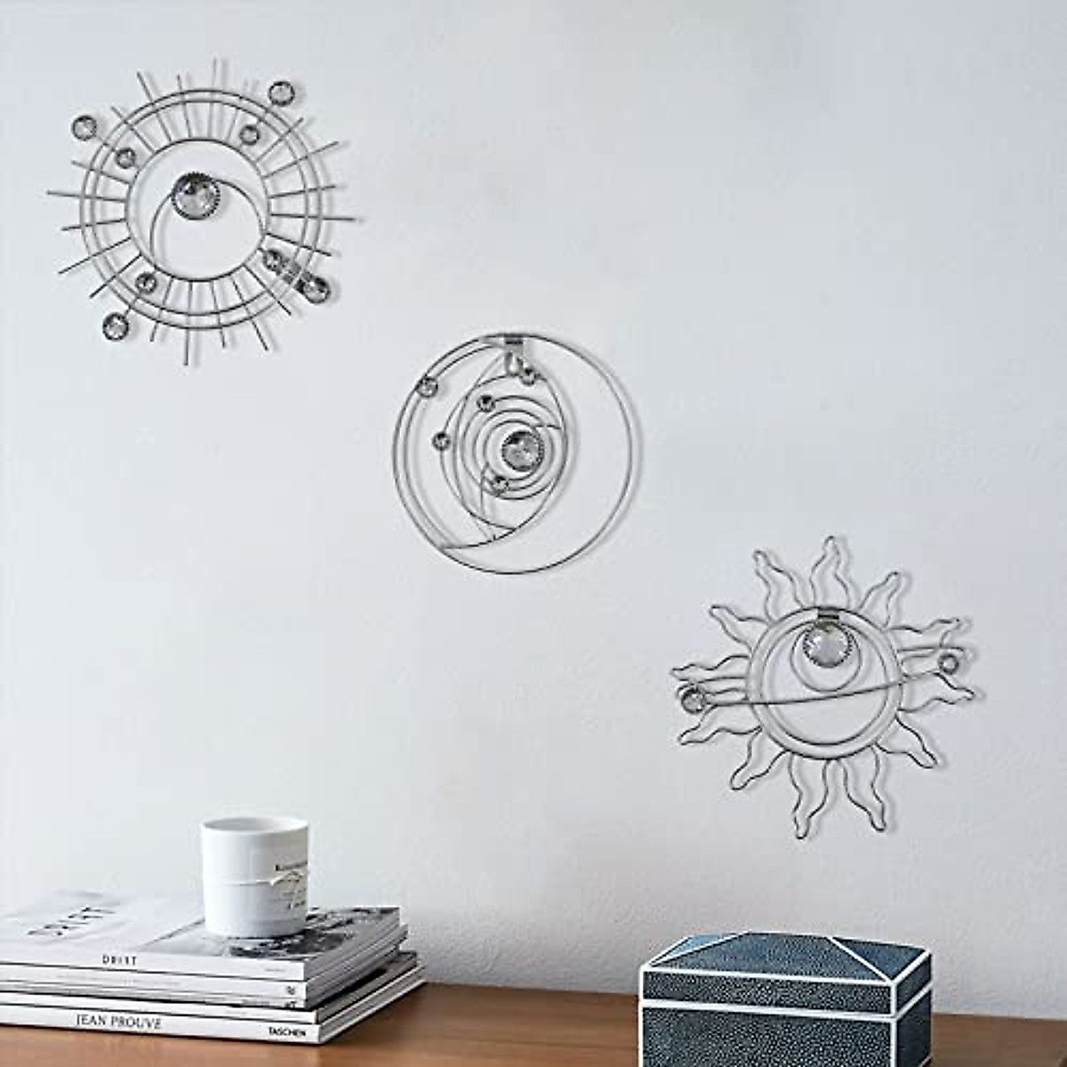 Manortang Silver Metal Abstract Sun Moon Star Art Wall Decor,Modern Wire Line Art Decorations,Embelished Silver Foil Art,Mystical Star Circle Planet Handmade Wall Decor Party Office Kitchen Bedroom Bathroom Living Room 9inch