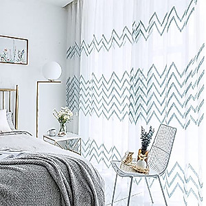 Nordic Sheer Curtains Window Treatments Rod Pocket Zig Zag Embroidery Drape for Living Dining Room Bedroom Doorway