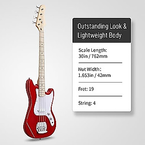 Ktaxon 4 String Electric Bass Guitar, Beginner Electric Bass Guitars Kit with Gig Bag, Shoulder Strap & Cable, Accessories, 42.5" Single-Coil Pickup Bass Guitars W/Fixed Bridge (Red)