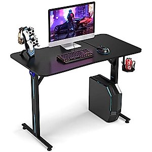 Tangkula Gaming Desk, T-Shaped Computer Desk w/Game Controller Stand, Cup Holder and LED Light, Ergonomic Home Office Game Station with Carbon Fiber Surface (Black)
