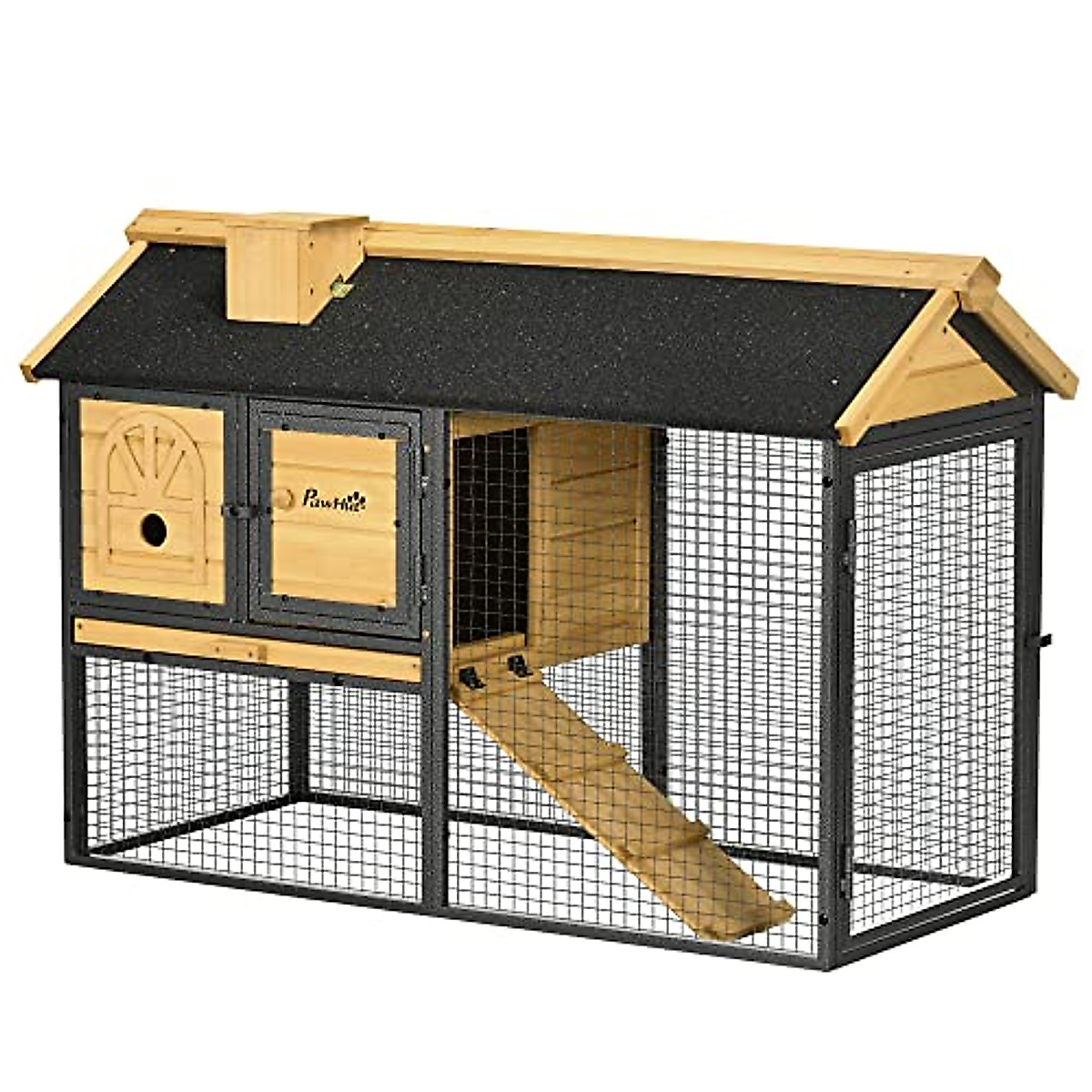 PawHut 47" Wooden Rabbit Hutch Outdoor with Run, Metal Frame, 2-Story Bunny Rabbit Cage with Removable Tray, Ramp, Bunny Hutch with Space-Saving Design