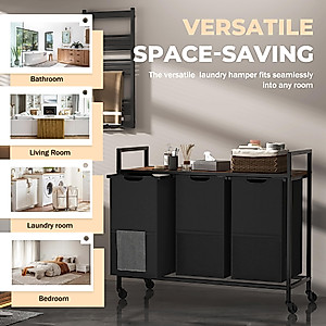 YESHOMY Laundry Sorter with Shelf, 3 Removable & Pull-Out Hamper Bags with Side Pockets, Large Clothes Organizer with Rolling Lockable Wheels, 3 x 12 Gal, Black