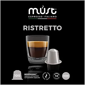 MUST, 100 Coffee Capsules in 100% Recyclable Aluminum, Ristretto Blend Intensity 7/8, 10 Packs of 10 Capsules, Compatible with Nespresso Machine, Made in Italy