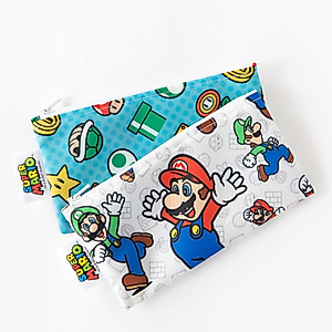 Bumkins Snack Bags, Reusable Fabric, Washable, Food Safe, BPA Free - Nintendo Mario & Luigi (2-Pack)