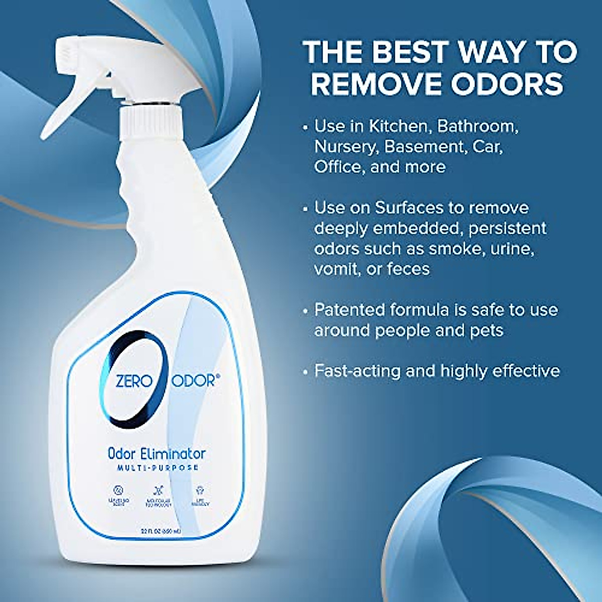 Zero Odor Multi-Purpose Odor Eliminator - Air & Surface Odor – Patented Technology Best for Bathroom, Kitchen, Fabrics, Closet- Smell Great Again, 22oz (Over 500 Sprays)