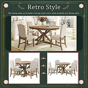 P PURLOVE 5 Pieces Round Dining Table Set for 4, Wood Extendable Table and 4 Upholstered Chairs for Dining Room and Living Room, Farmhouse Dining Set (Natural Wood Wash)