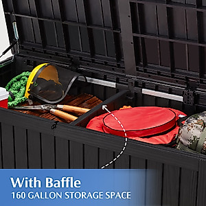 Homguava 160 Gallon Outdoor Storage Box, Waterproof Resin Deck Box, Large Capacity Deck Box Bench, Lockable Outdoor Storage Container for Patio Furniture, Garden Tools, Swimming Equipment, (Black)