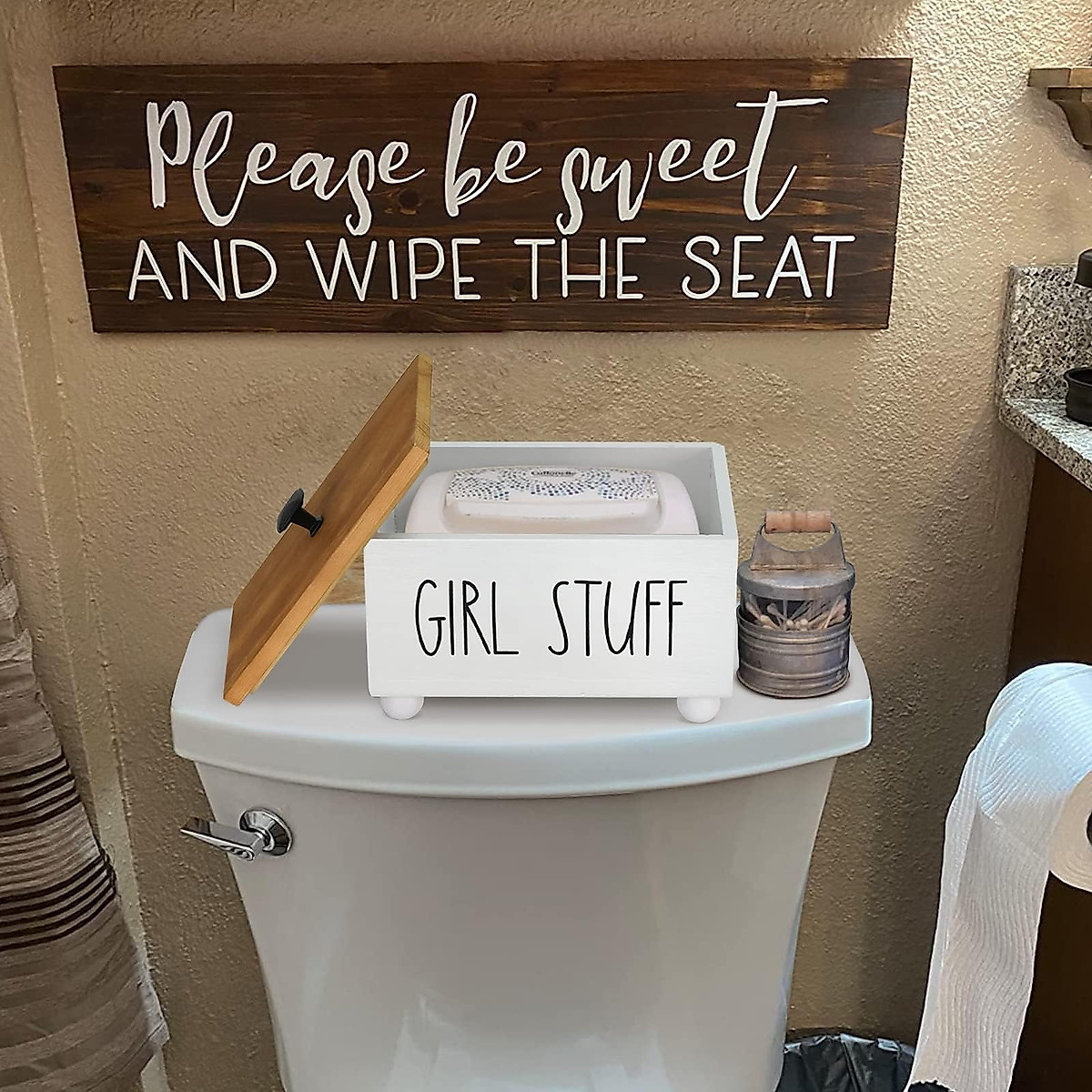 Tampon Holder for Bathroom, Tampon and Pad Holder Organizer with Lid, Tampon and Pad Storage Container with Decorative Bathroom Wooden Sign for Bathroom Accessories,Feminine Products Caddy (White 2)