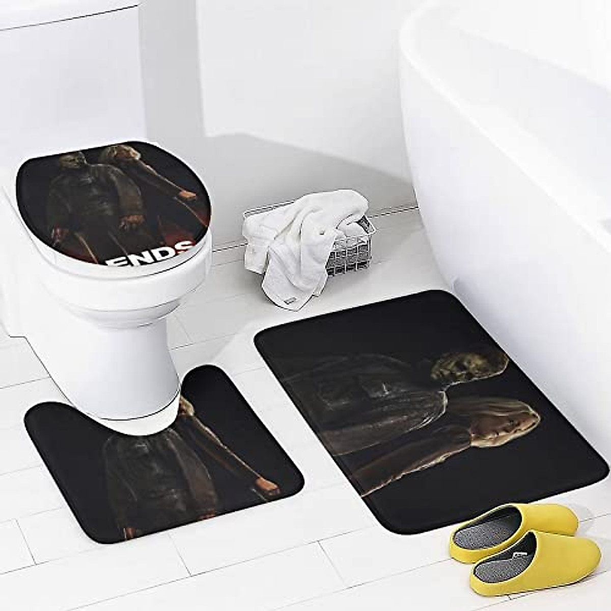 4Pcs Halloween Ends Shower Curtain Set with Non-Slip Rugs, Toilet Lid Cover and Bath Mat, Halloween Michael Myers Bathroom Decor Sets with 12 Hooks 70.9 X 70.9 Inches