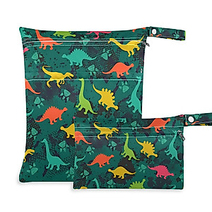 Qilmy 2pcs Dinosaur Wet Dry Bag Waterproof Reusable Baby Cloth Diaper Wet Dry Organizer for Travel, Beach, Stroller, Diapers, Wet Swimsuits, Toiletries