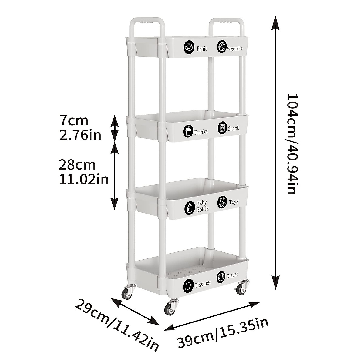 Laiensia 4-Tier Storage Cart,Multifunction Utility Rolling Cart Kitchen Storage Organizer,Mobile Shelving Unit Cart with Lockable Wheels for Bathroom,Laundry,Living Room,With Classified Stickers,White