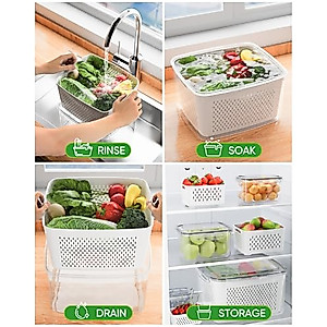 Tuuveeca 4 Pack Fruit Containers for Fridge,Stackable Refrigerator Organizer Bins with Removable Colander,Dishwasher & Microwave Safe Produce Containers Keep Fruits, Vegetables, Meat Fresh longer