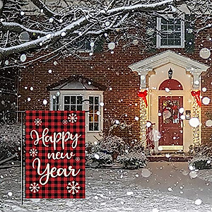 ZYP Happy New Year Burlap Garden Flag, Double Sided 12.5 x18.5 Inch Decorative Red Plaid New Year Christmas Winter Garden Yard Banner Flag Lawn Outdoor Decoration