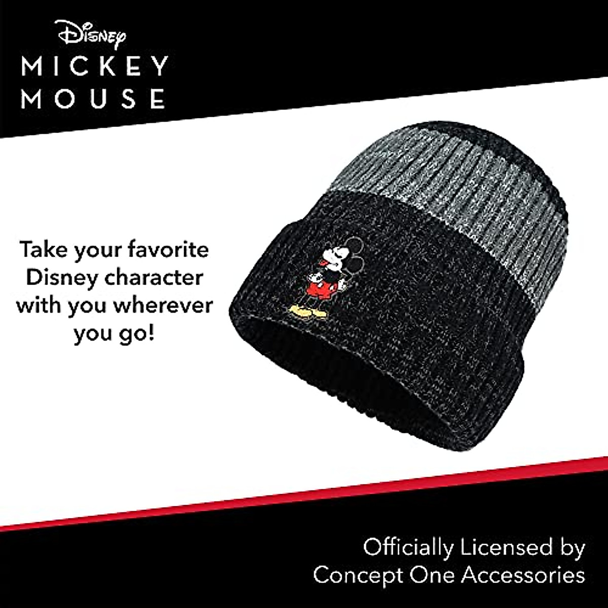 Disney Mickey Mouse Cuffed Beanie Hat, Knitted Stocking Cap, Black/Grey