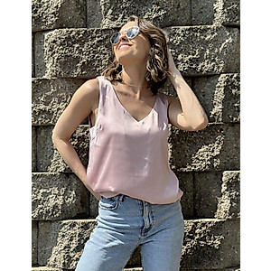 Zeagoo Women 2025 Silk Satin Tank Tops Dressy V Neck Camisole Blouse Casual Sleeveless Cami Summer Tanks Shirt Dark Pink