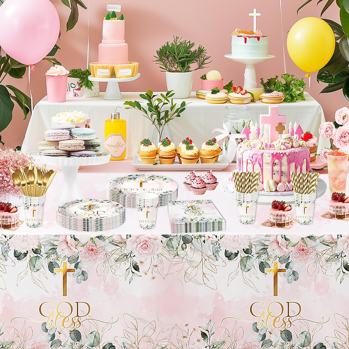 Suhelkit God Bless Baptism Decorations Tableware Girl - First Communion Decorations Supplies, Plate, Cup, Napkin, Fork, Baptism Plates And Napkins Set For Christening Baby Shower Religious | Serve 24