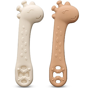 COZYPANDA Baby Spoons, Baby Led Weaning Spoons for Stage 1 + Stage 2, Toddler Spoons with Soft-Tip Soothness Gums, 2 Pcs Silicone Baby Spoon, Baby Spoons Self Feeding 6 Months (Brown & Beige)