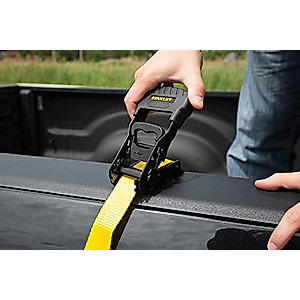 STANLEY S1007 Black/Yellow 1.5" x 16' Ratchet Tie Down Straps - 1,100 lb Safe Working Load / 3,300 lb Break Strength, 2 Pack