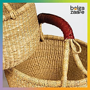Bolga Zaare Market Basket, Handmade in Ghana by Women Artisans, Natural, Medium, 13"-15" Diameter x 8"-9" H, RED Handle (1 Basket)