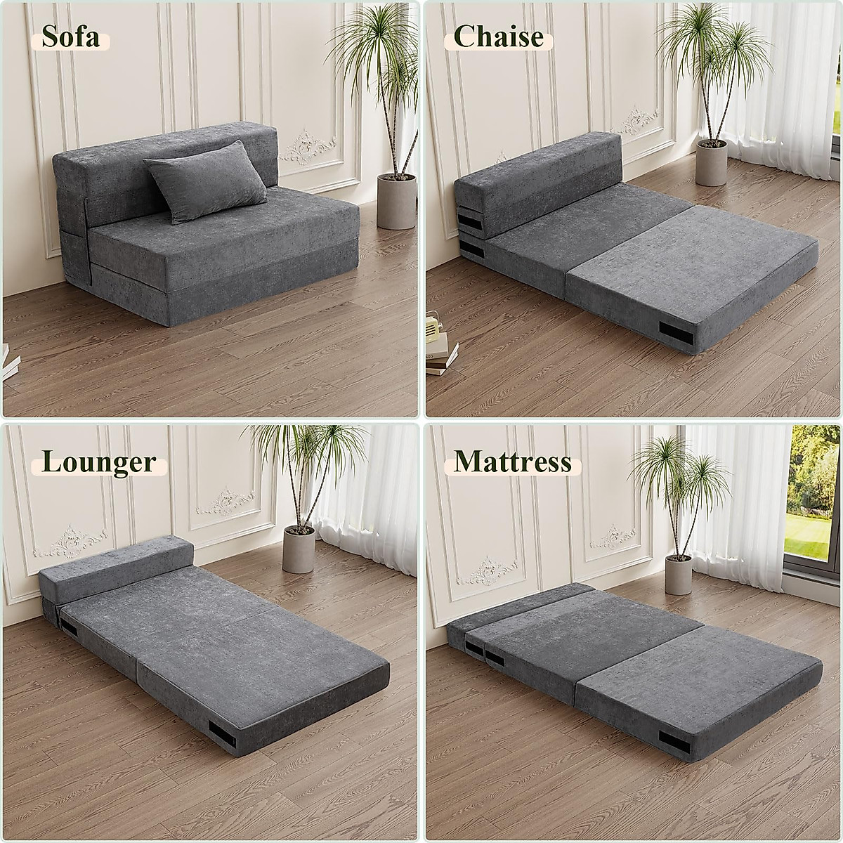 HOMFINE Folding Sofa Bed - Convertible Sleeper Chair with Pillow, Fold Out Couch, Foam Floor Mattress, Futon Couch, Lazy Sofa for Living Room/Dorm/Guest Room/Home Office, Twin, Gray