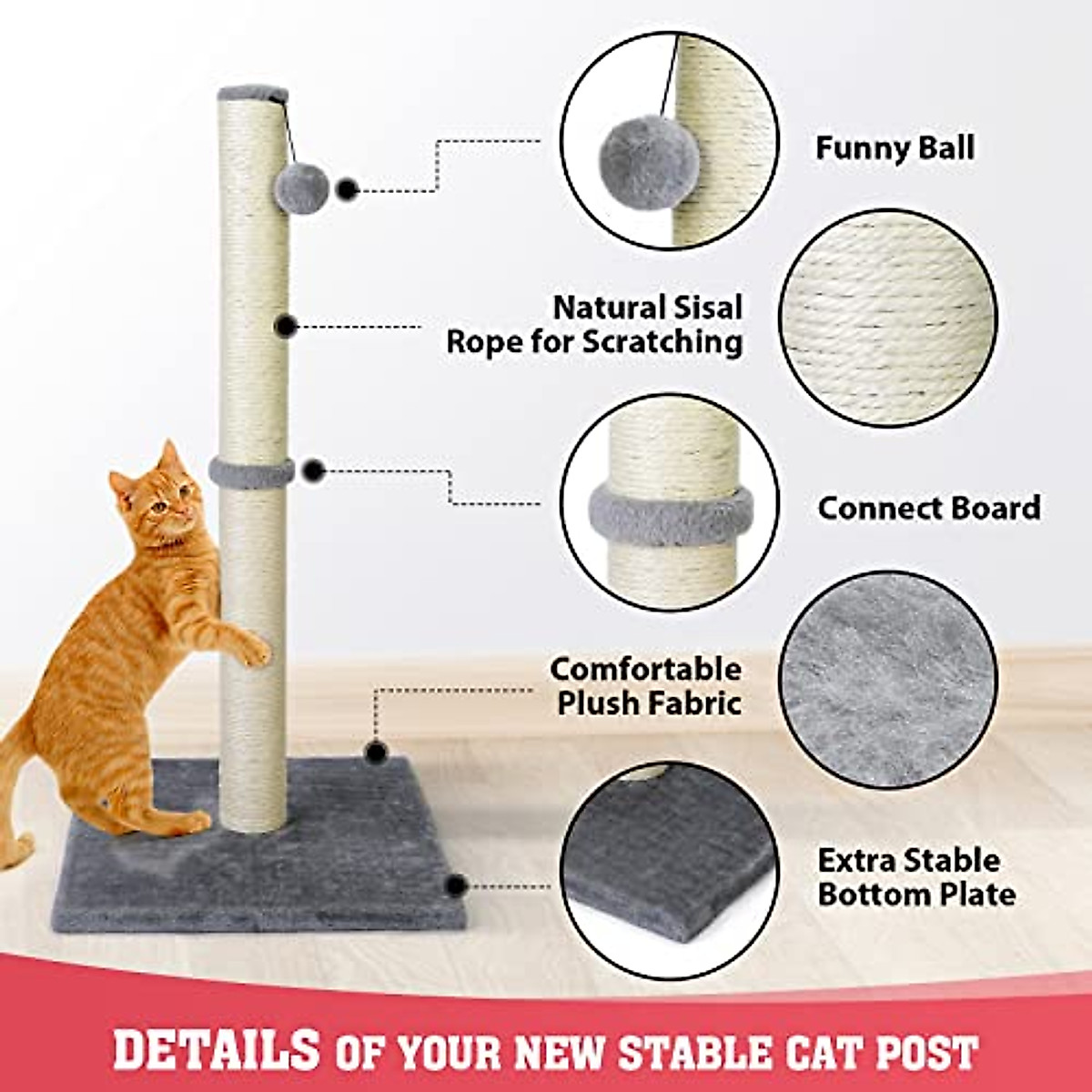petellow 31'' Tall Cat Scratching Post - Cat Claw Scratcher with Hanging Ball - Scratching Posts for Indoor Large Cats - Durable Stable Cat Furniture with Sisal Rope - Cat Scratch Post-Grey