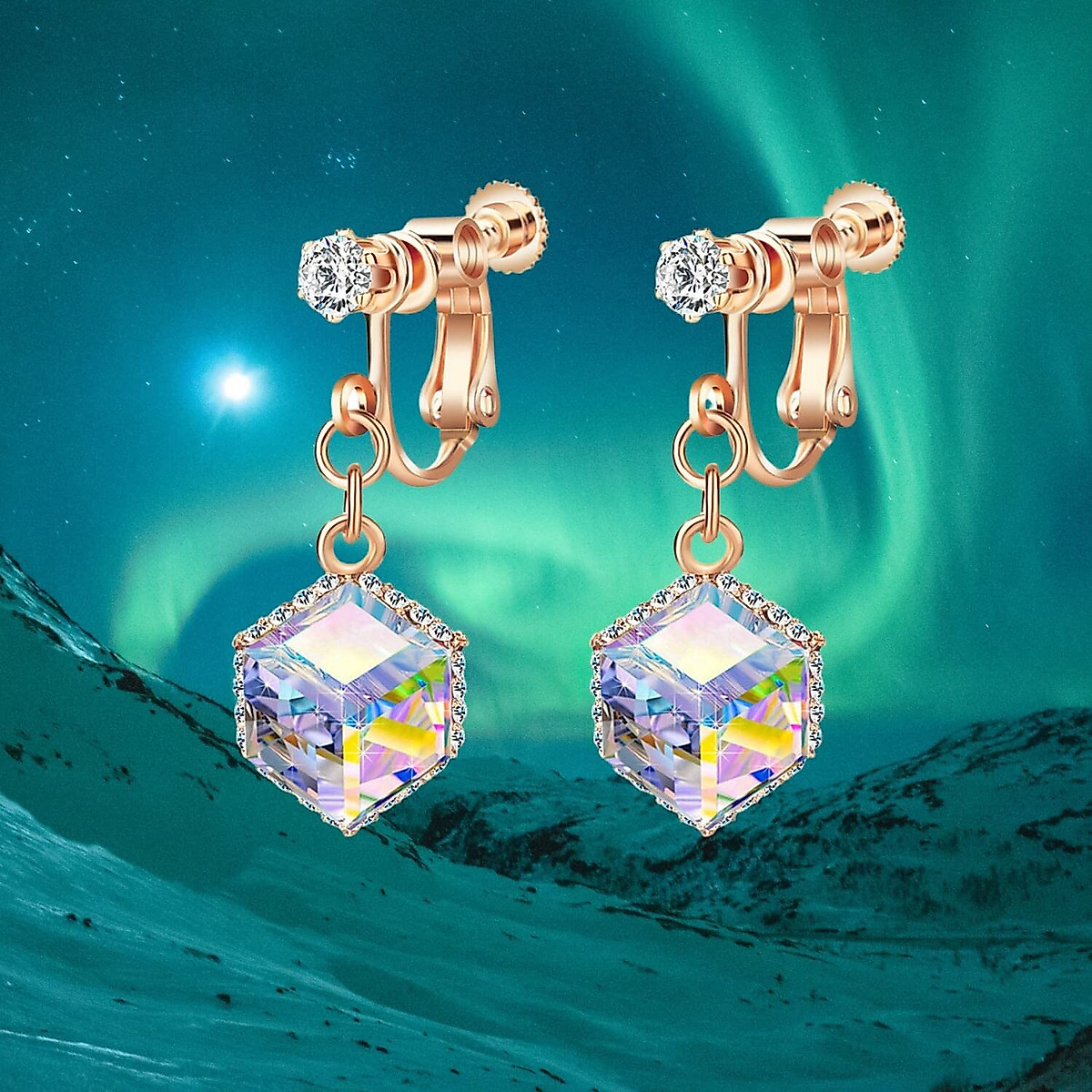 Cube Austrian Crystal Drop Clip On Dangle Earrings for Women Non Pierced 14K Rose Gold Plated Hypoallergenic Jewelry (Aurora Borealis)